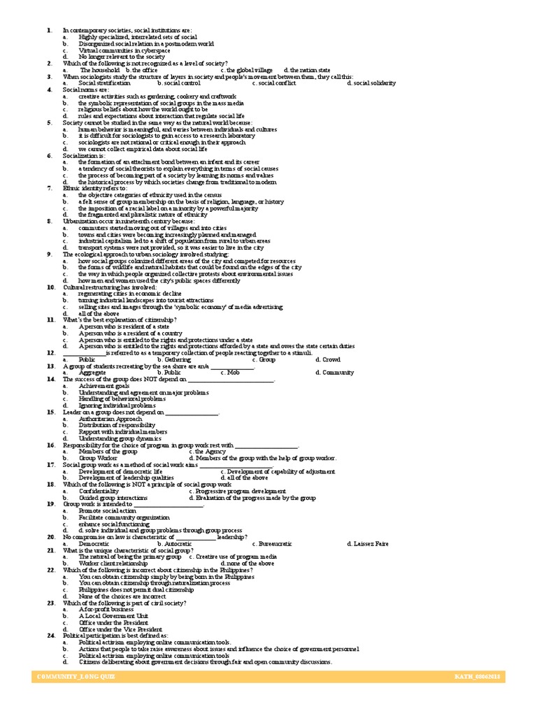Community Engagement, Solidarity and Citizenship - Long Quiz | PDF ...