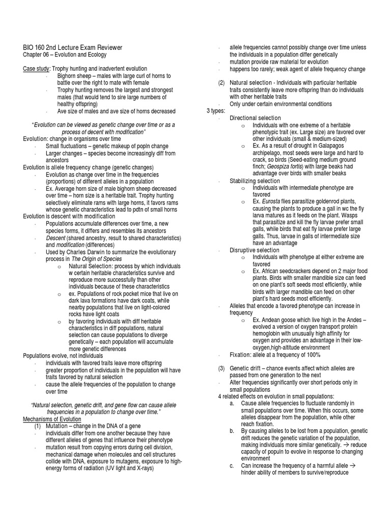 BIO 160 2nd Lecture Exam Reviewer | PDF | Evolution | Genetics