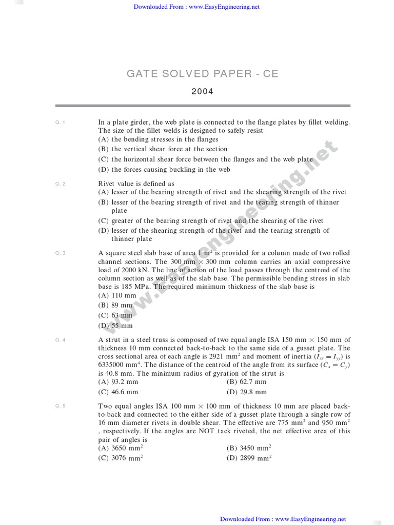 Gate Solved Paper - Ce: I I C C | PDF | Soil Mechanics | Matrix ...