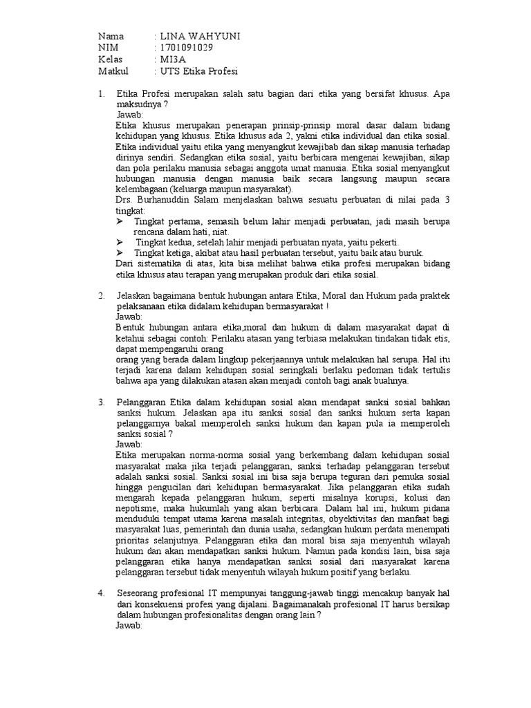 UTS Etika Profesi LINA WAHYUNI MI3A | PDF