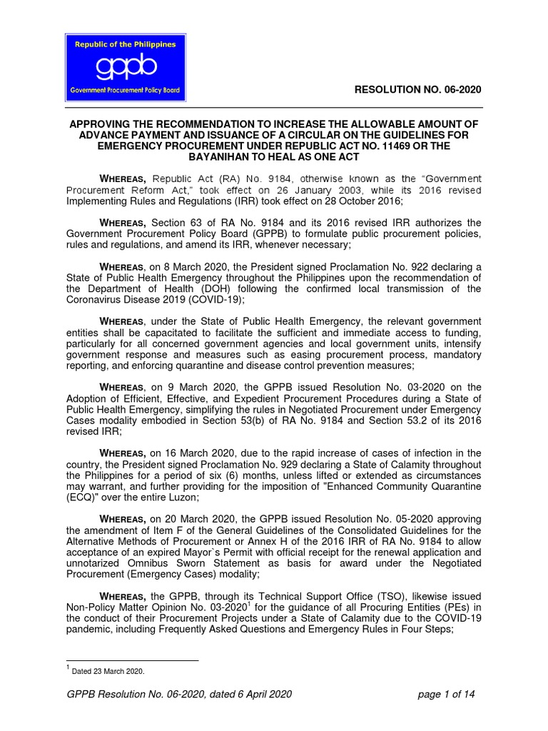 GPPB Resolution No. 06-2020 | PDF | Procurement | Government