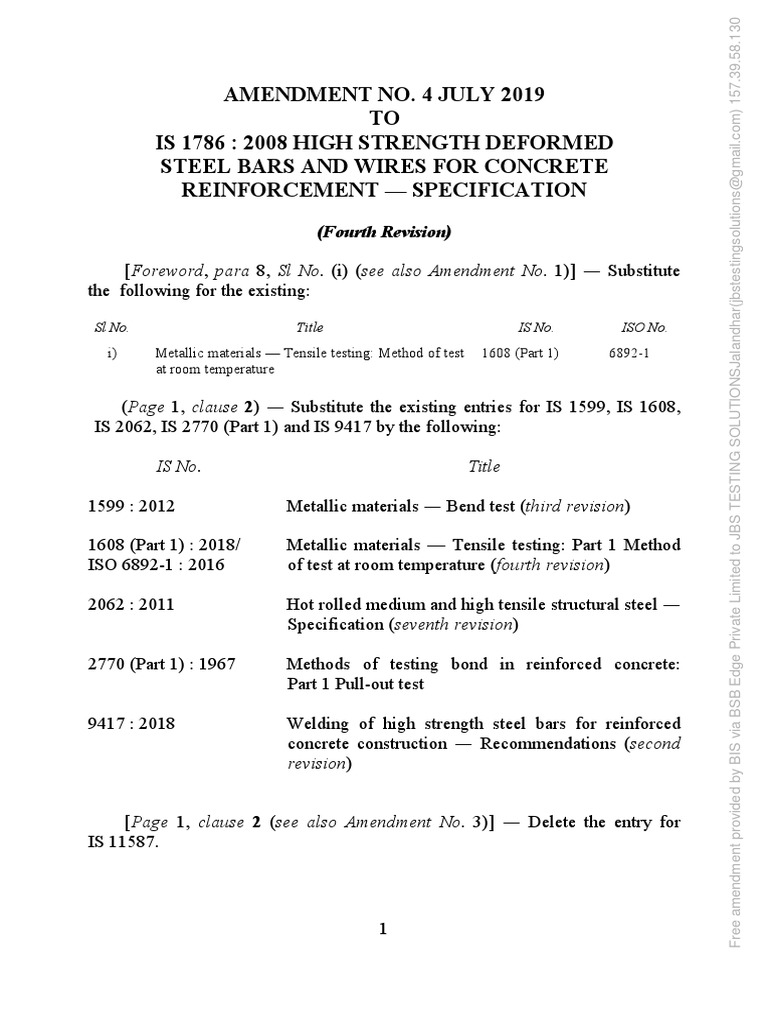Amendment No. 4 July 2019 TO Is 1786: 2008 High Strength Deformed Steel ...