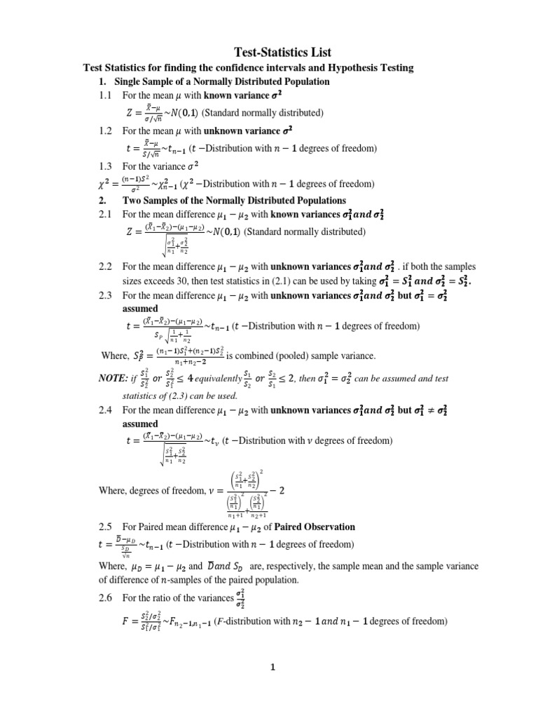 Test Statistics for Hypothesis Testing | PDF | Degrees Of Freedom ...