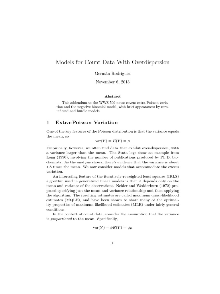 Models For Count Data With Overdispersion: 1 Extra-Poisson Variation | PDF | Errors And ...