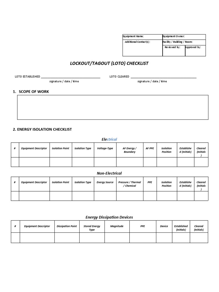 Lockout/Tagout (Loto) Checklist: 1. Scope of Work | PDF | Energy And ...