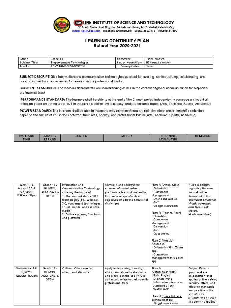 Institute of Science and Technology: Learning Continuity Plan School Year 2020-2021 | PDF ...