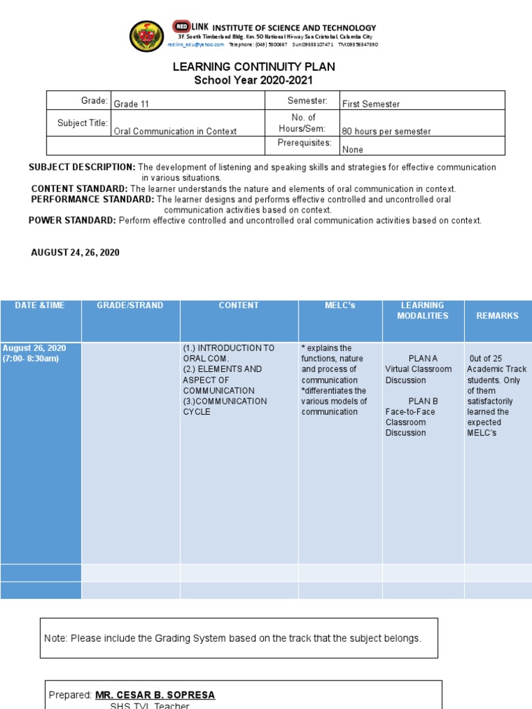 Learning Continuity Plan School Year 2020-2021: Institute of Science ...