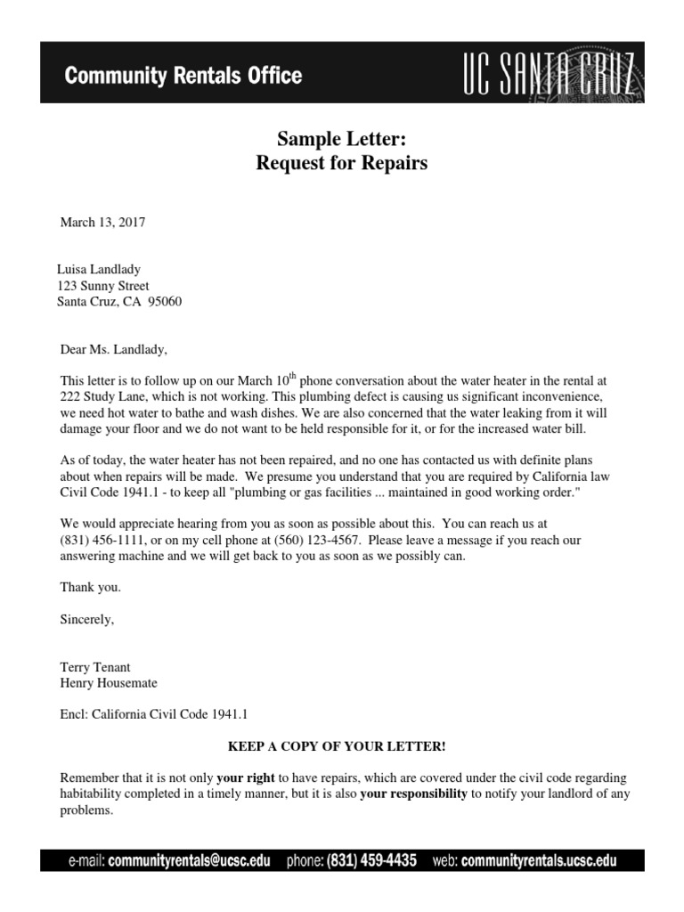 Sample Letter: Request For Repairs: Keep A Copy of Your Letter! | PDF