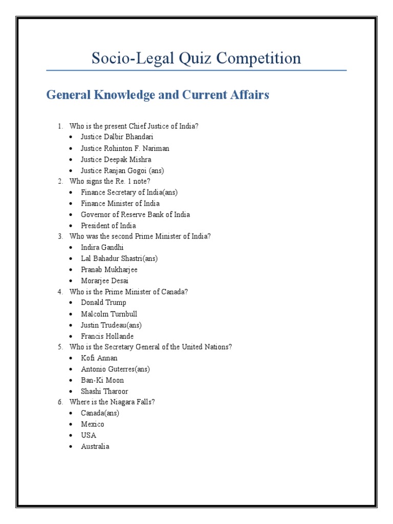 Socio-Legal Quiz Competition: General Knowledge and Current Affairs ...