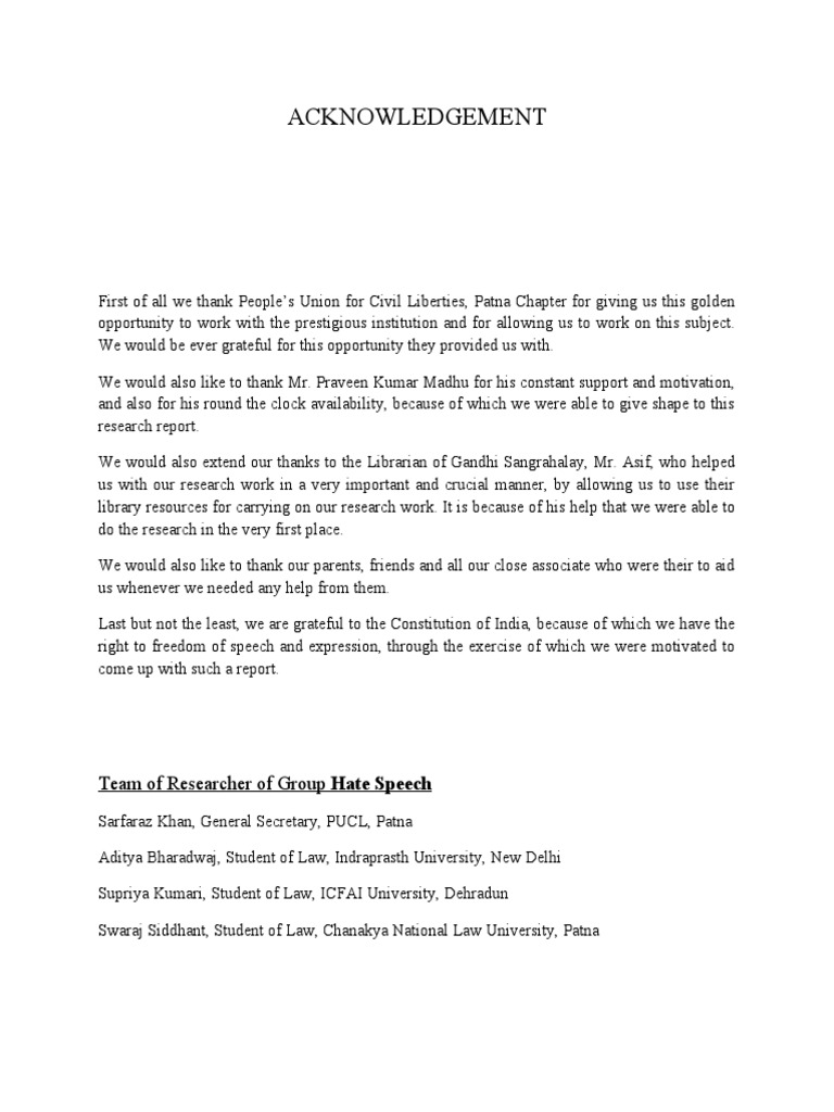 Acknowledgement: Team of Researcher of Group Hate Speech | PDF