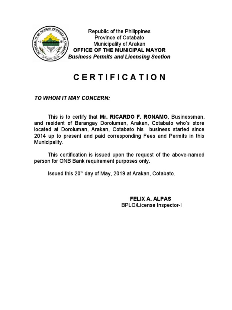 Certification: Office of The Municipal Mayor | PDF | Justice | Crime ...