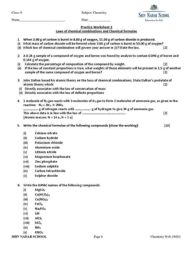 Practice Worksheet 2 Laws of Chemical Combinations and Chemical ...