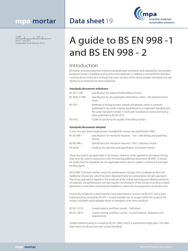 Guide to BS EN 998 Standards | PDF | Mortar (Masonry) | Specification ...