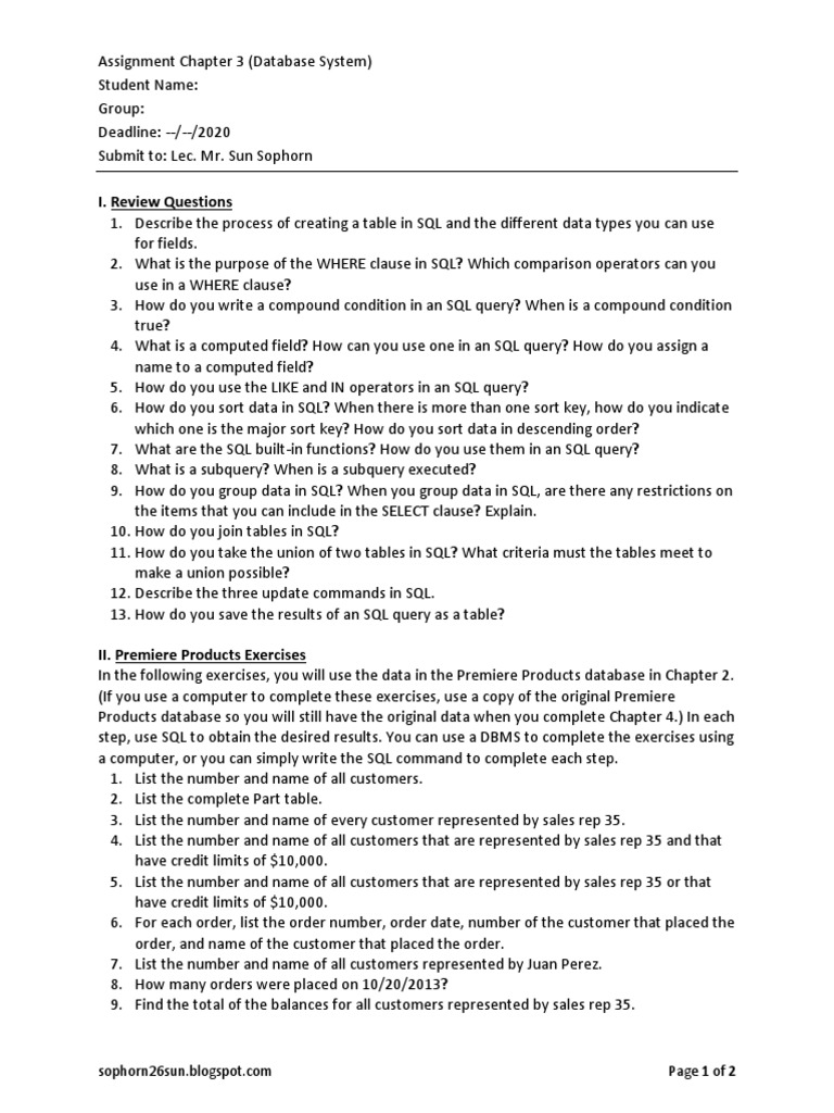 Assignment Chapter 3 PDF | Download Free PDF | Sql | Databases