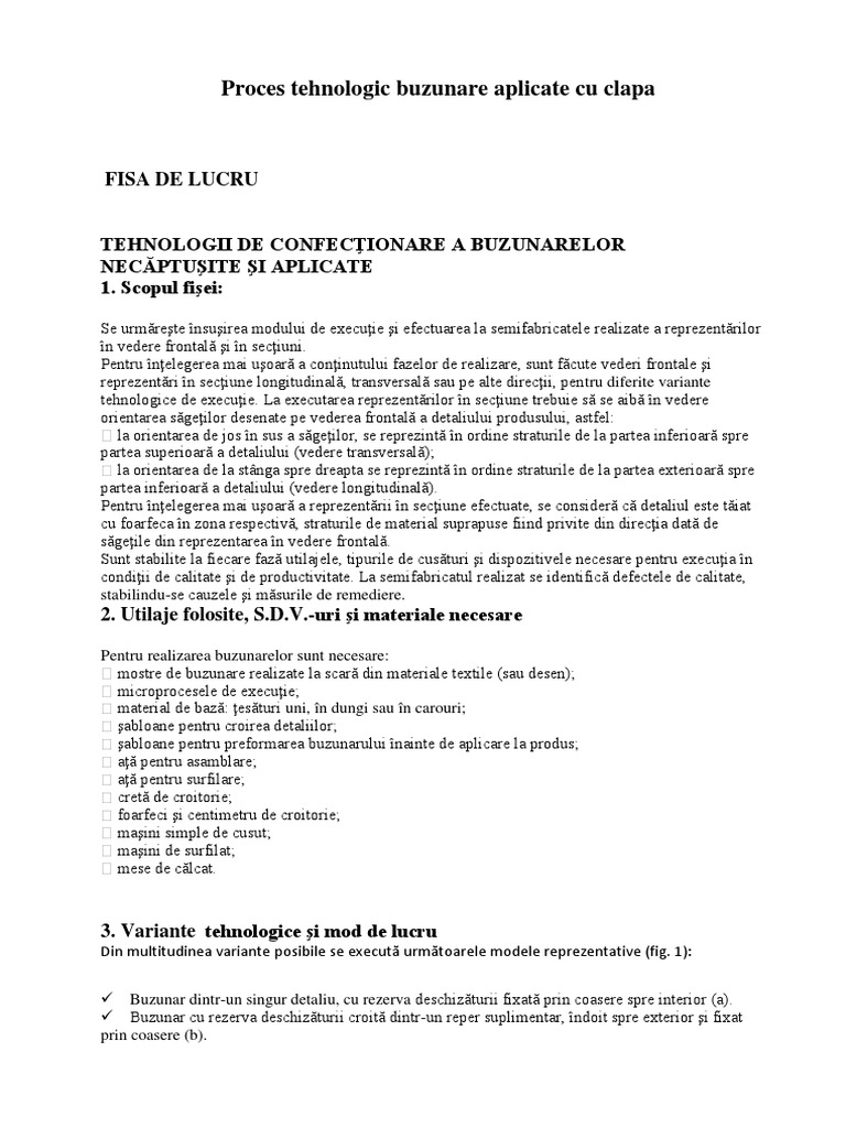 Proces Tehnologic Buzunare Aplicate Cu Capac) | PDF