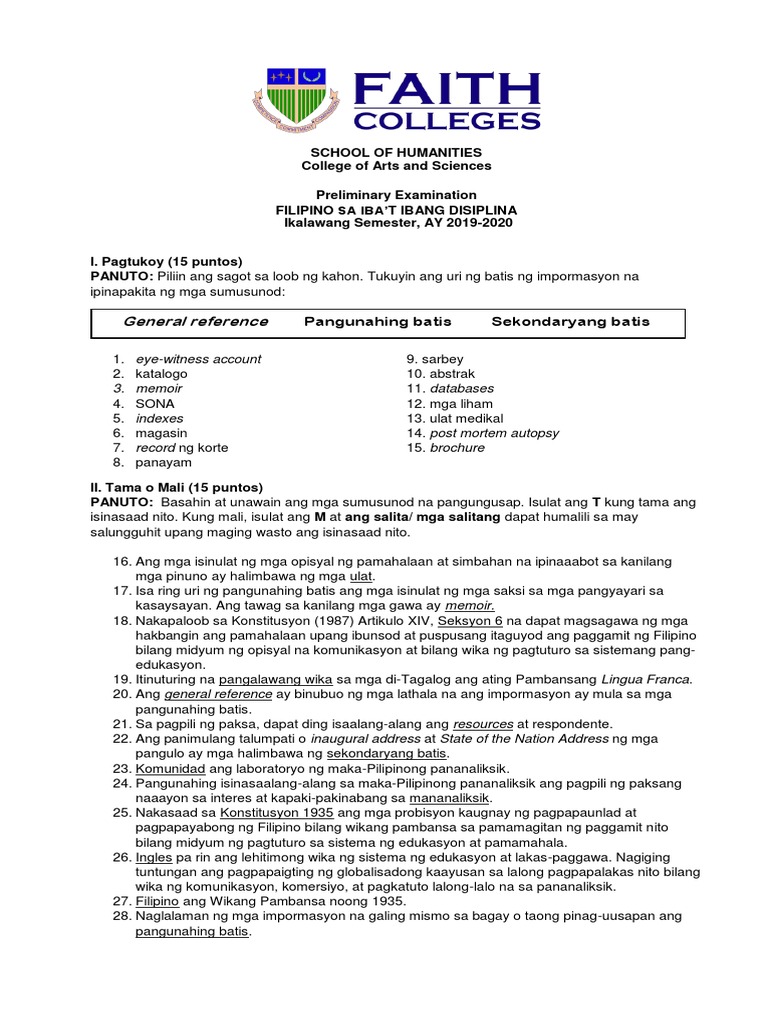 FILDIS-Prelim Exam | PDF