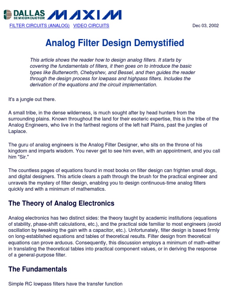 Analog Filter Design Demystified: The Theory of Analog Electronics ...