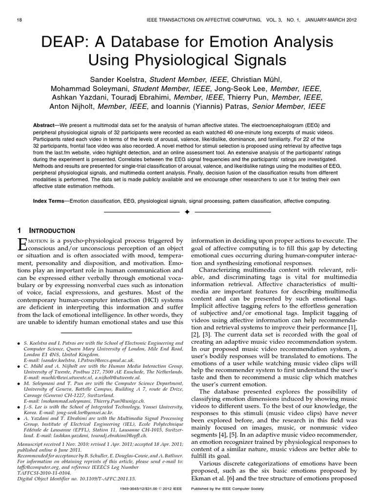 DEAP: A Database For Emotion Analysis Using Physiological Signals | PDF | Affect (Psychology ...