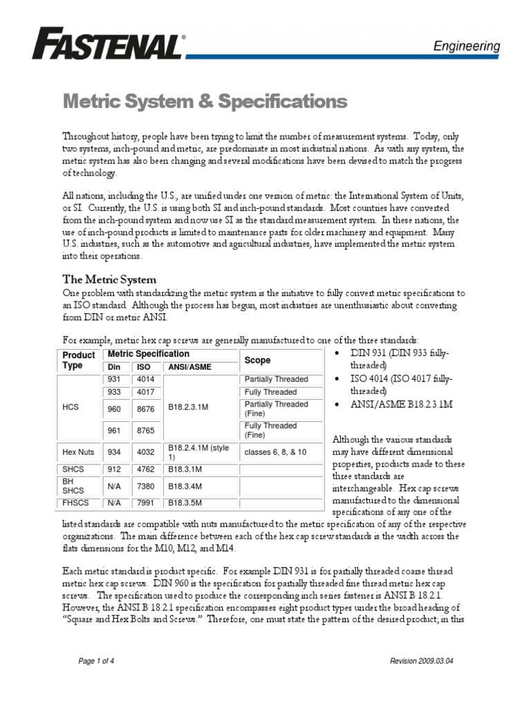 Metric System Specifications Overview | PDF | Screw | Building Materials
