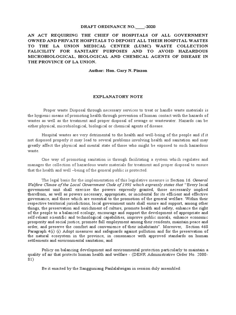 Draft Ordinance For Hospital Waste | PDF | Sanitation | Wastewater