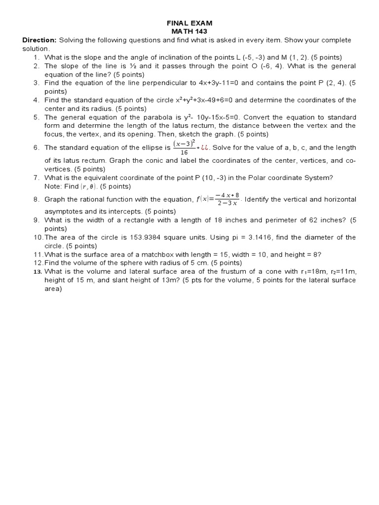 Final Exam MATH 143 Direction: Solving The Following Questions and Find What Is Asked in Every ...