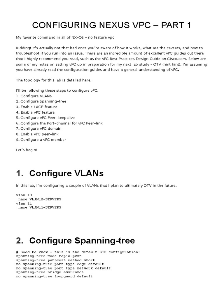 Configuring Nexus VPC - Part 1: Configure Vlans | PDF | Data ...