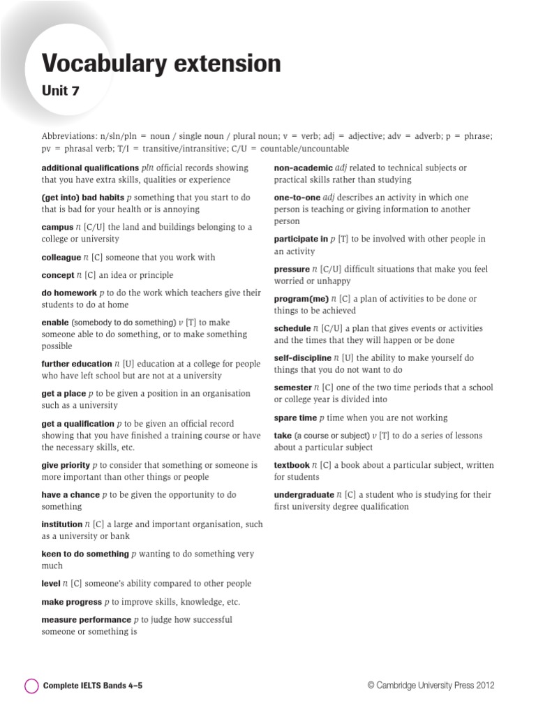 Vocabulary Extension: Unit 7 | PDF | Noun | Verb