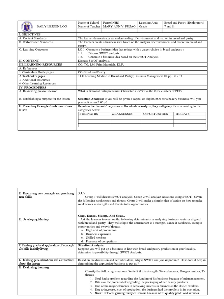 DLL BREAD AND PASTRY Swot PDF | PDF | Swot Analysis | Educational ...