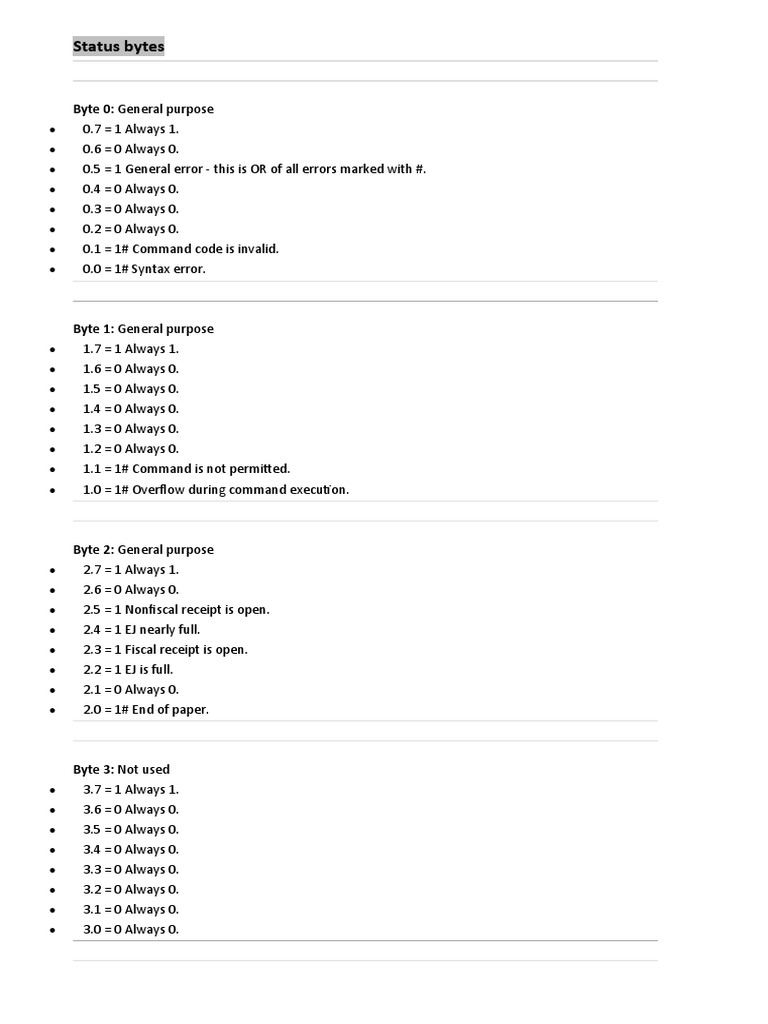 Status Bytes: Byte 0: General Purpose | PDF | Receipt | Parameter ...
