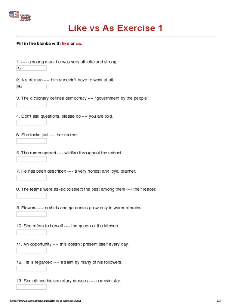 Like Vs As Exercise 1 - GrammarBank | PDF