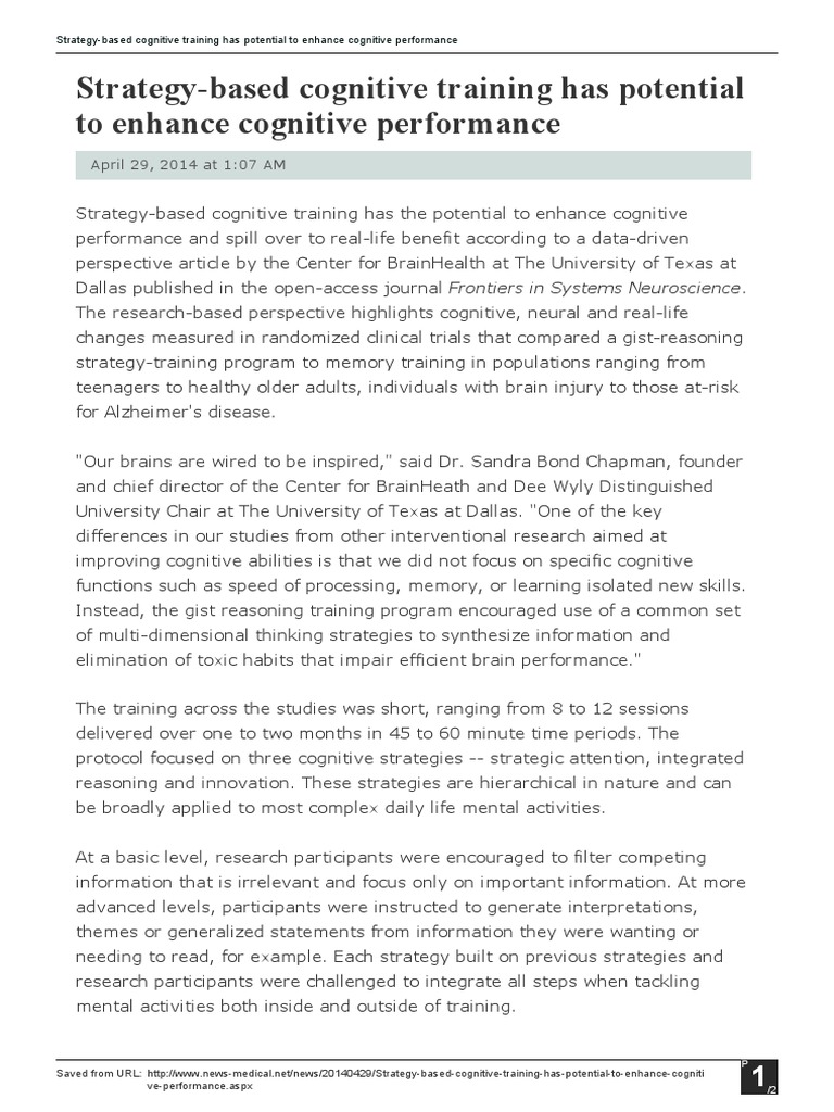 Strategy Based Cognitive Training Has Potential To Enhance Cognitive ...