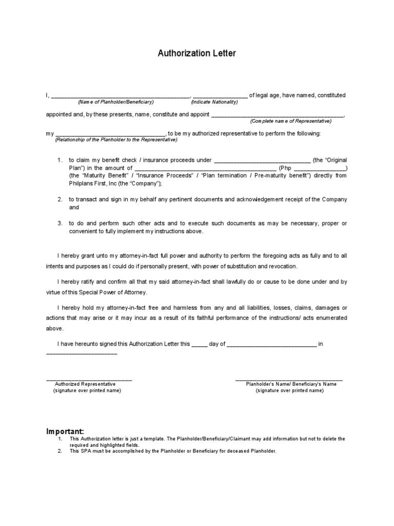 Authorization Letter: (Complete Name of Representative) | PDF | Power ...