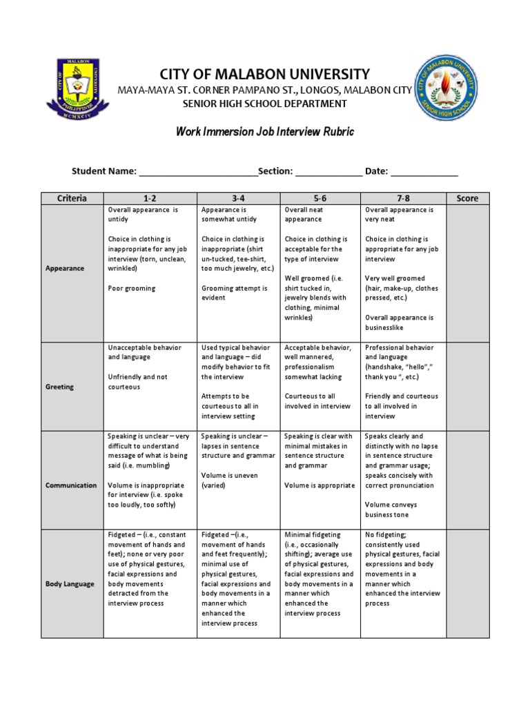 Work Immmersion Interview Rubric | PDF | Body Language | Cognition