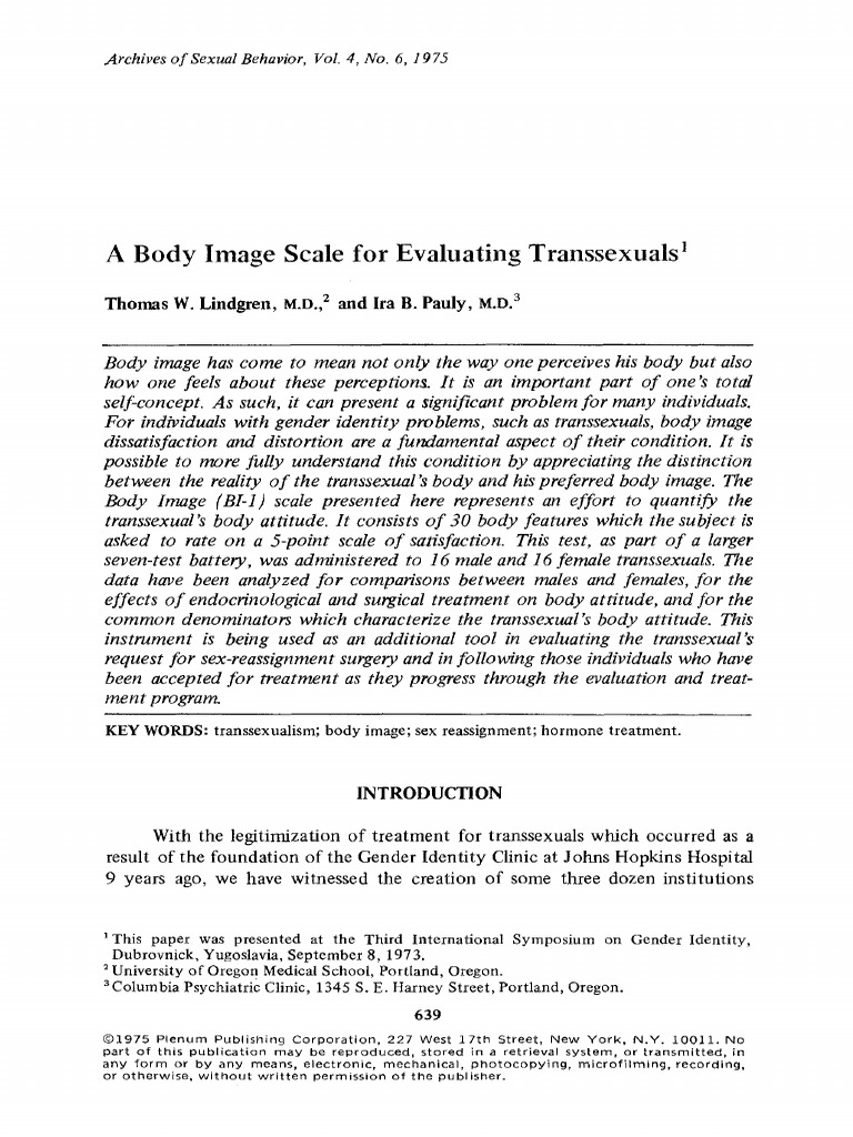 A Body Image Scale For Evaluating Transsexuals J: Thomas W. Lindgren, M ...