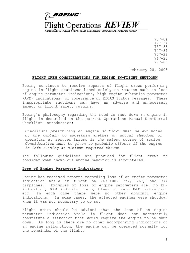 Flight Crew Considerations For Engine in Flight Shutdown 28feb03 | PDF ...