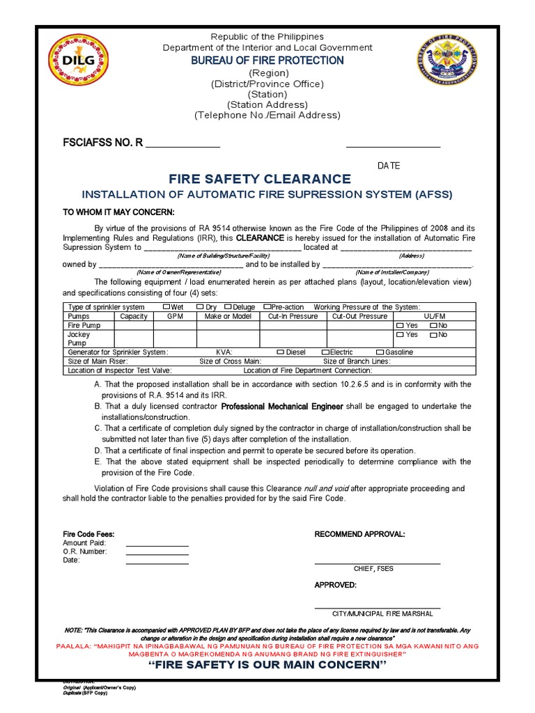 FSED 033 Fire Safety Clearance Installation of Automatic Fire ...