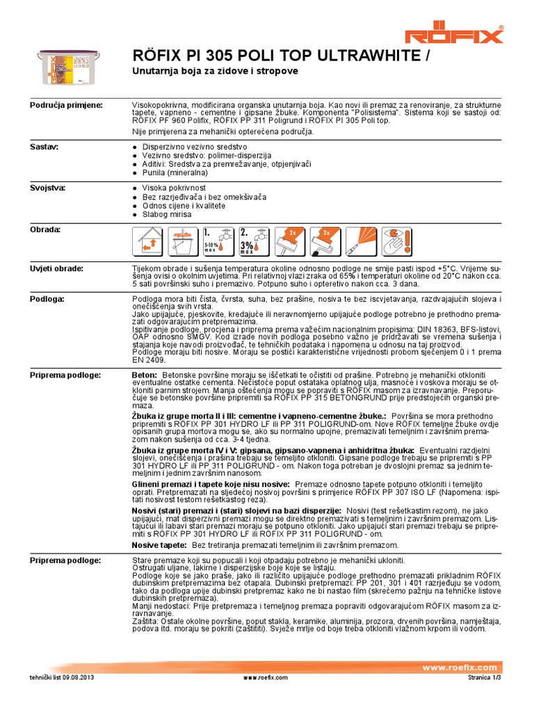 RÖFIX PI 305 POLITOP Unutarnja Boja Za Zidove I Stropove DC0021242 | PDF