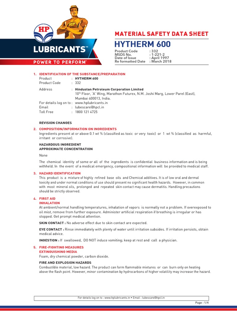 Hytherm 600: Material Safety Data Sheet | PDF | Toxicity | Firefighting