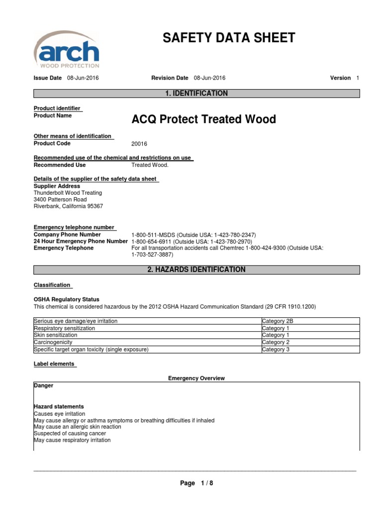 Safety Data Sheet: ACQ Protect Treated Wood | PDF | Personal Protective ...
