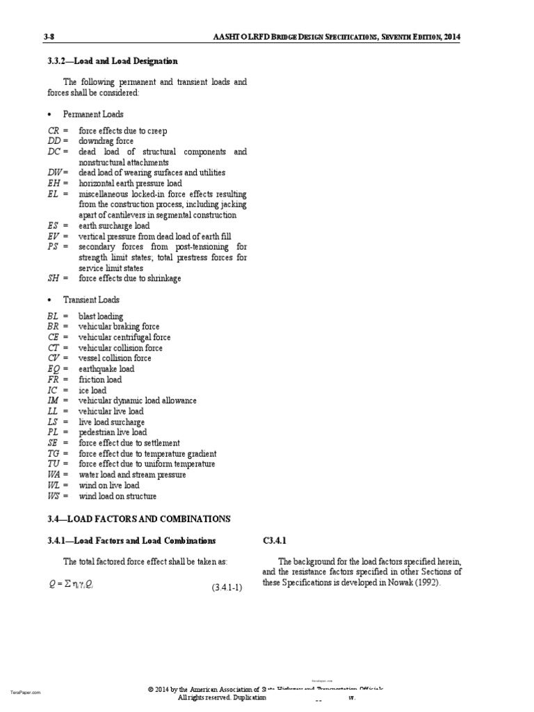 AASHTO LRFD 7th Ed - Load Factors and Combinations | PDF | Prestressed ...