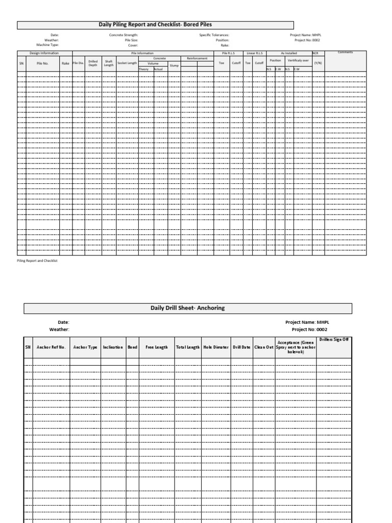 Daily Piling Report and Checklist-Bored Piles | PDF | Deep Foundation ...
