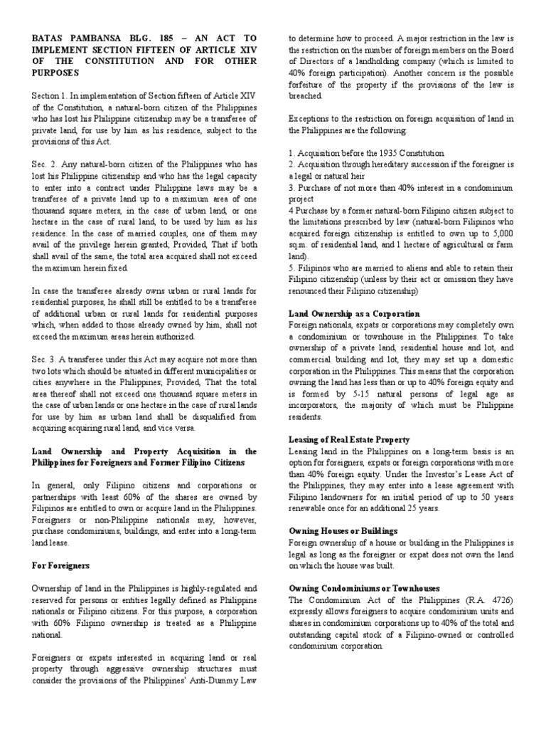 Batas Pambansa BLG 185 | PDF | Condominium | Ownership