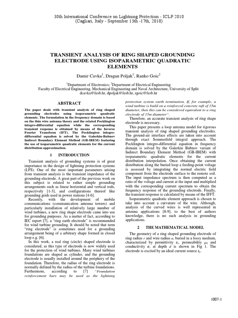 Transient Analysis of Ring Shaped Grounding Electrode Using Isoparametric Quadratic Elements ...