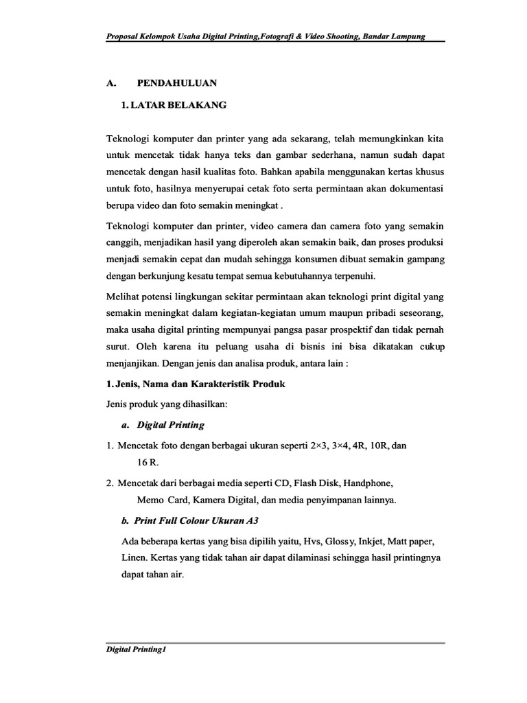 Contoh Proposal Usaha Digital Printing Fotografi Dan Video Shooting1 | PDF