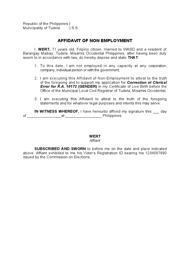 Affidavit of Non Employment | PDF