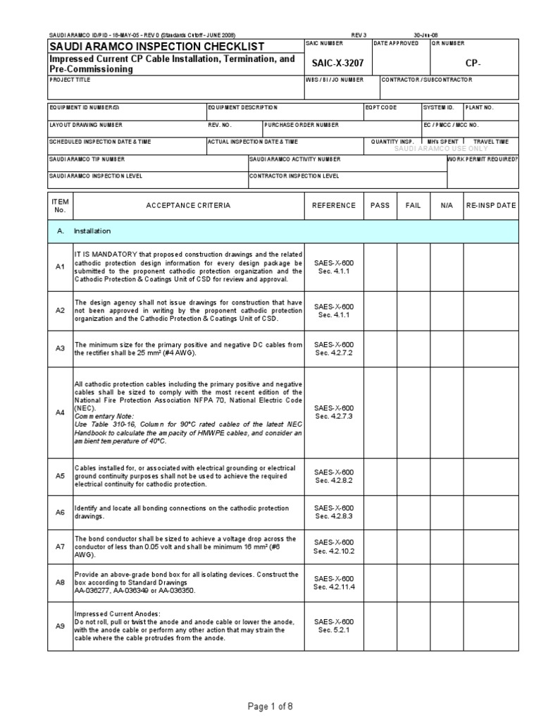 Saudi Aramco Inspection Checklist | PDF | Anode | Electrical Engineering