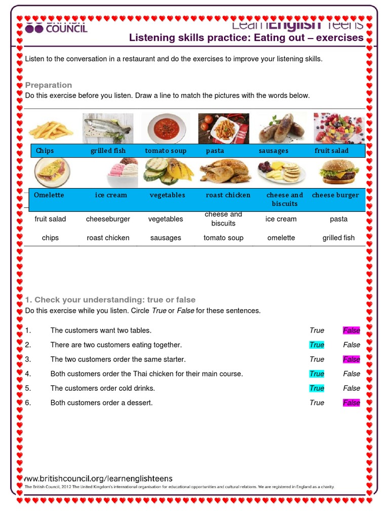 Listening Skills Practice: Eating Out - Exercises: Preparation | PDF | Noun | Soup