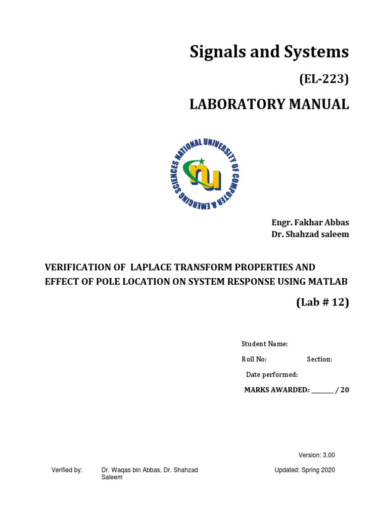 Laplace Transform Lab Manual EL-223 | PDF | Laplace Transform ...
