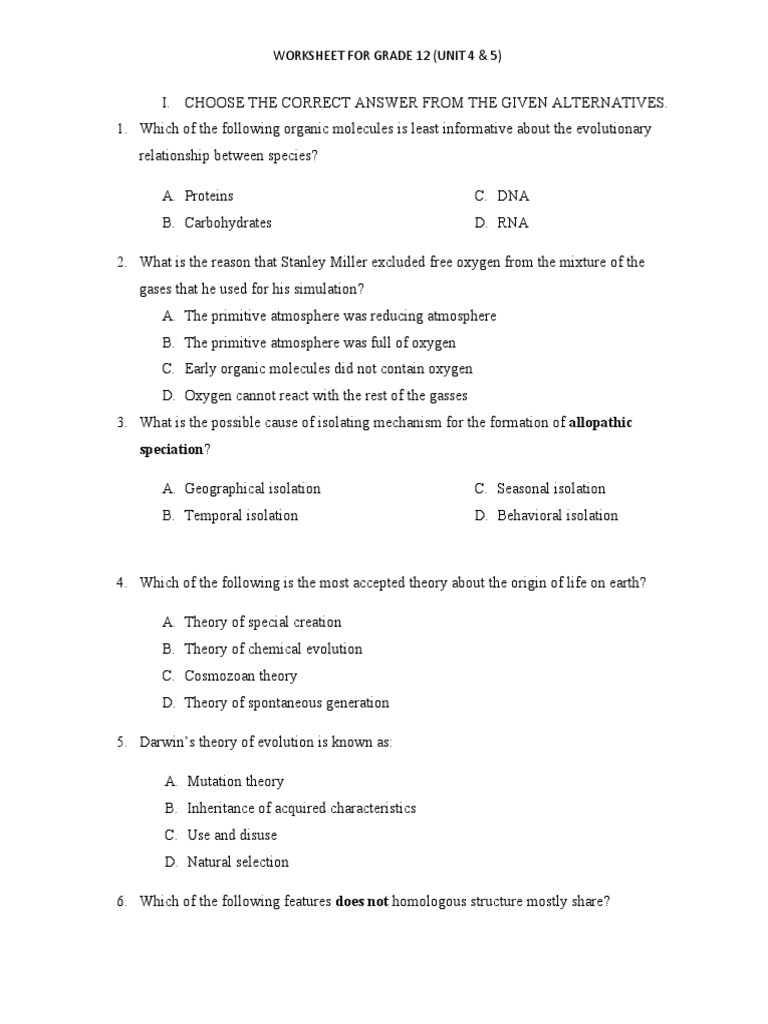 Speciation?: Worksheet For Grade 12 (Unit 4 & 5) | PDF | Human ...