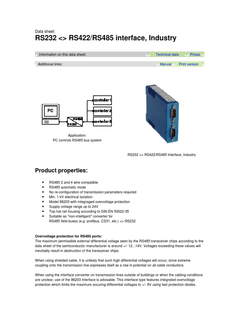 Rs232 To Rs422 Rs485 Interface Converter Data Sheet Technical Specifications Applications And